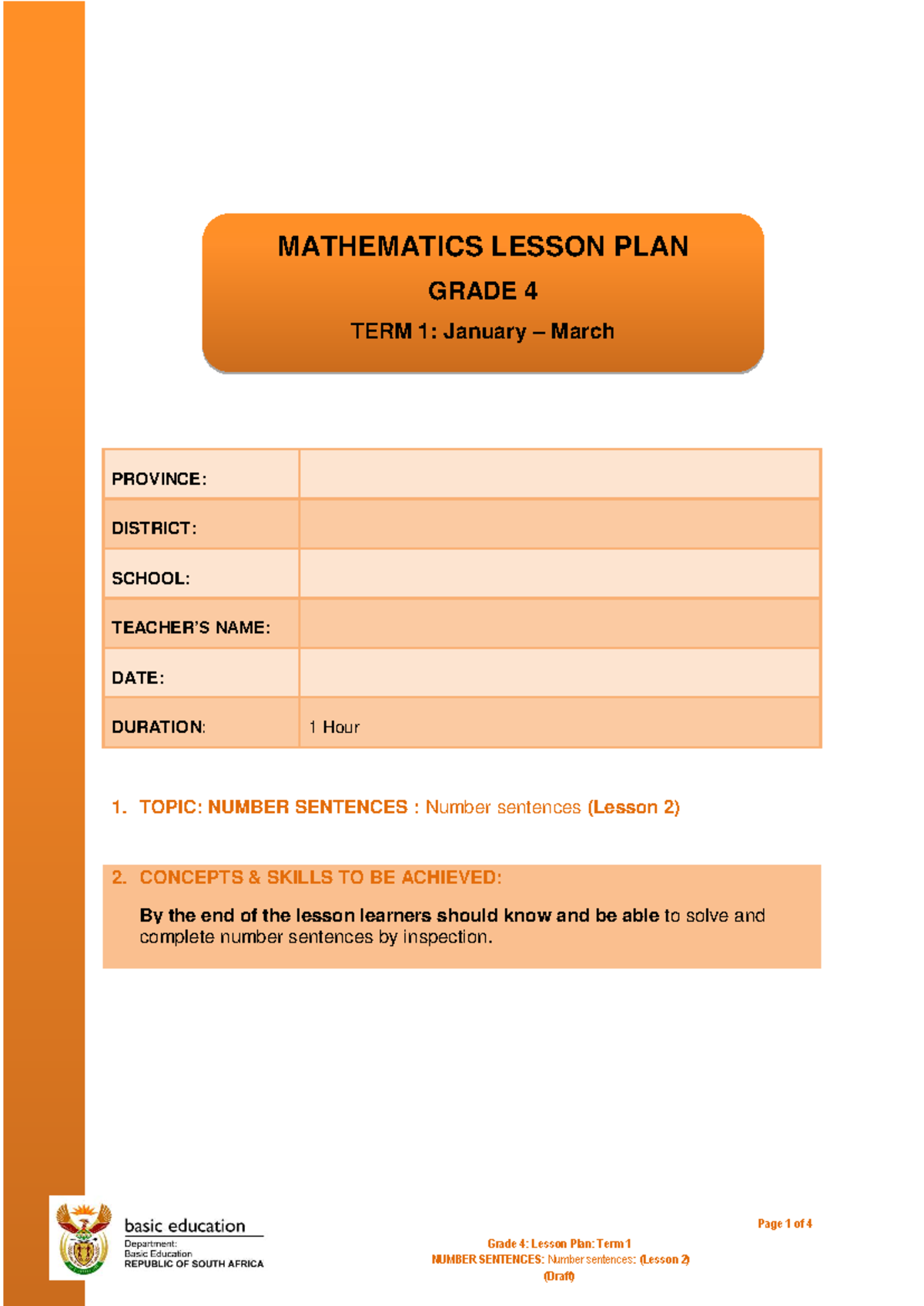 MATHEMATICS GRADE 4 TERM 1 LESSON PLAN: NUMBER SENTENCES - Studocu