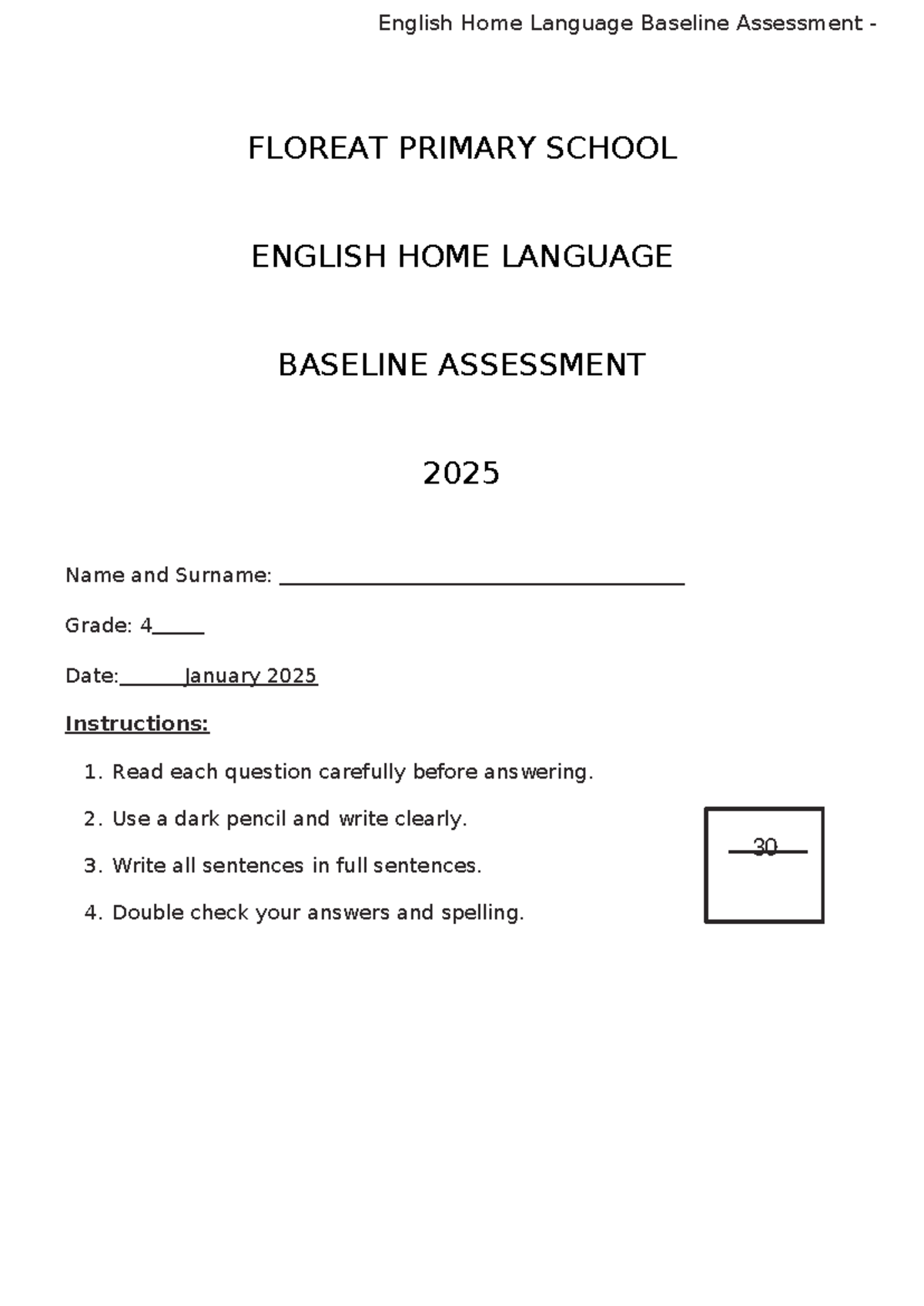 Grade 4 English Home Language Baseline Assessment 2025 - Studocu