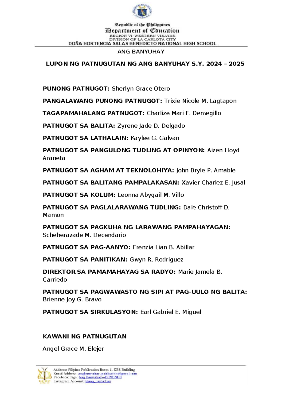 ANG BANYUHAY: Lupon ng Patnugutan S.Y. 2024-2025 - Studocu