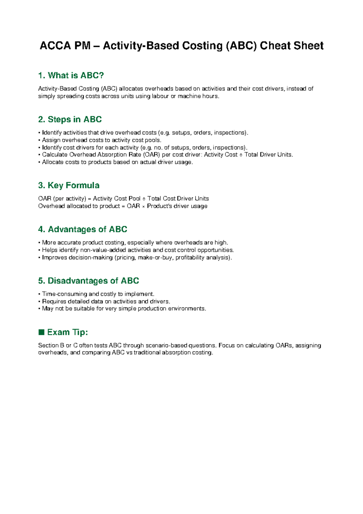 ACCA PM Costing (ABC) Cheat Sheet: Key Concepts & Tips - Studocu
