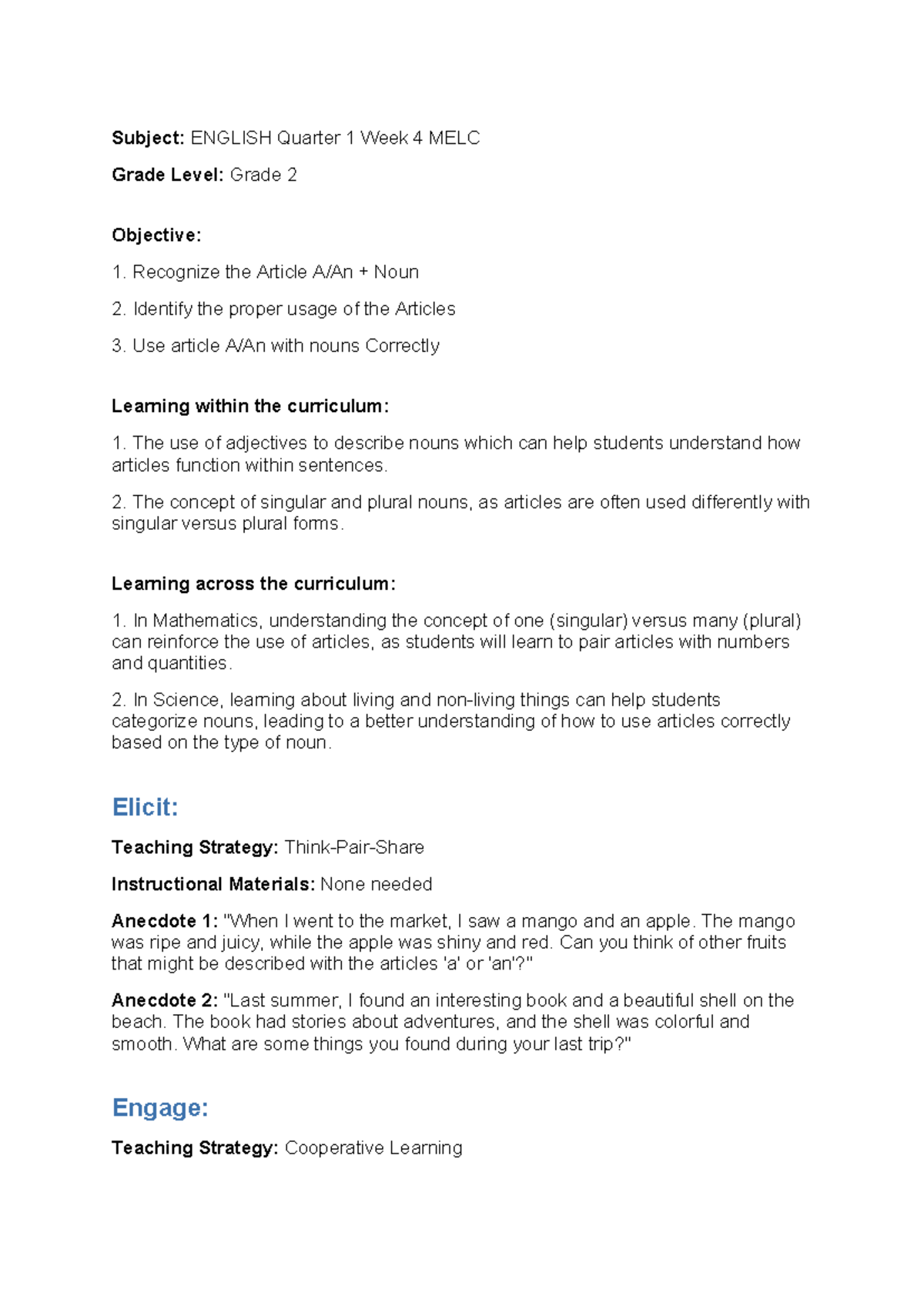 Lesson Plan: Using Articles A/An in Grade 2 English Class - Studocu