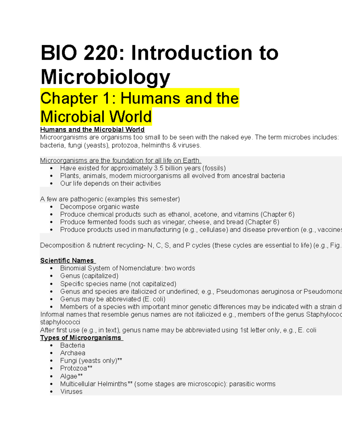 BIO 220: Intro to Microbiology - Chapter 1: Humans & Microbes - BIO 220 ...