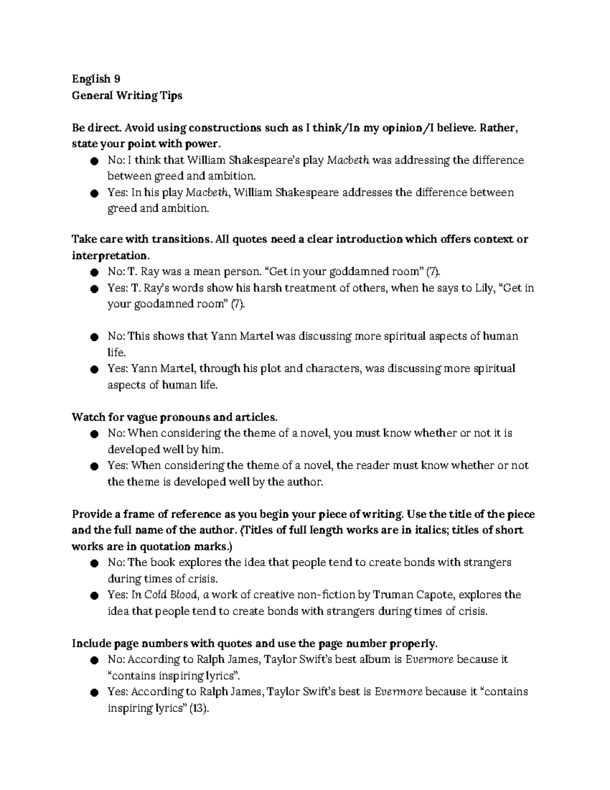 ENG 9 24 25 General Writing Tips - English 9 General Writing Tips Be direct. Avoid using - Studocu