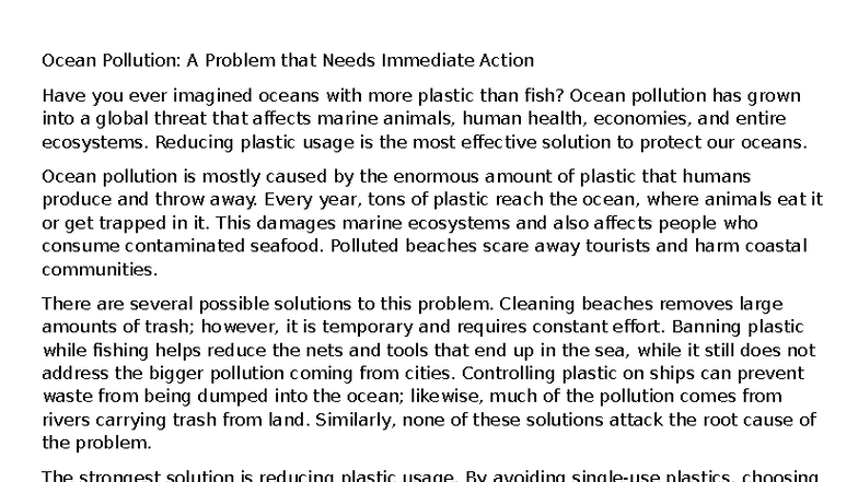 Ocean Pollution: Urgent Solutions for a Sustainable Future - Studocu