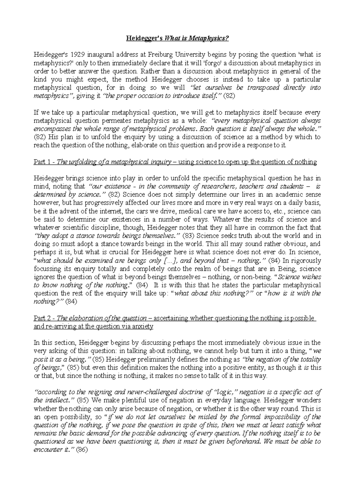 A Summary of Heidegger's Lecture on Metaphysics (PHIL 101) - Studocu