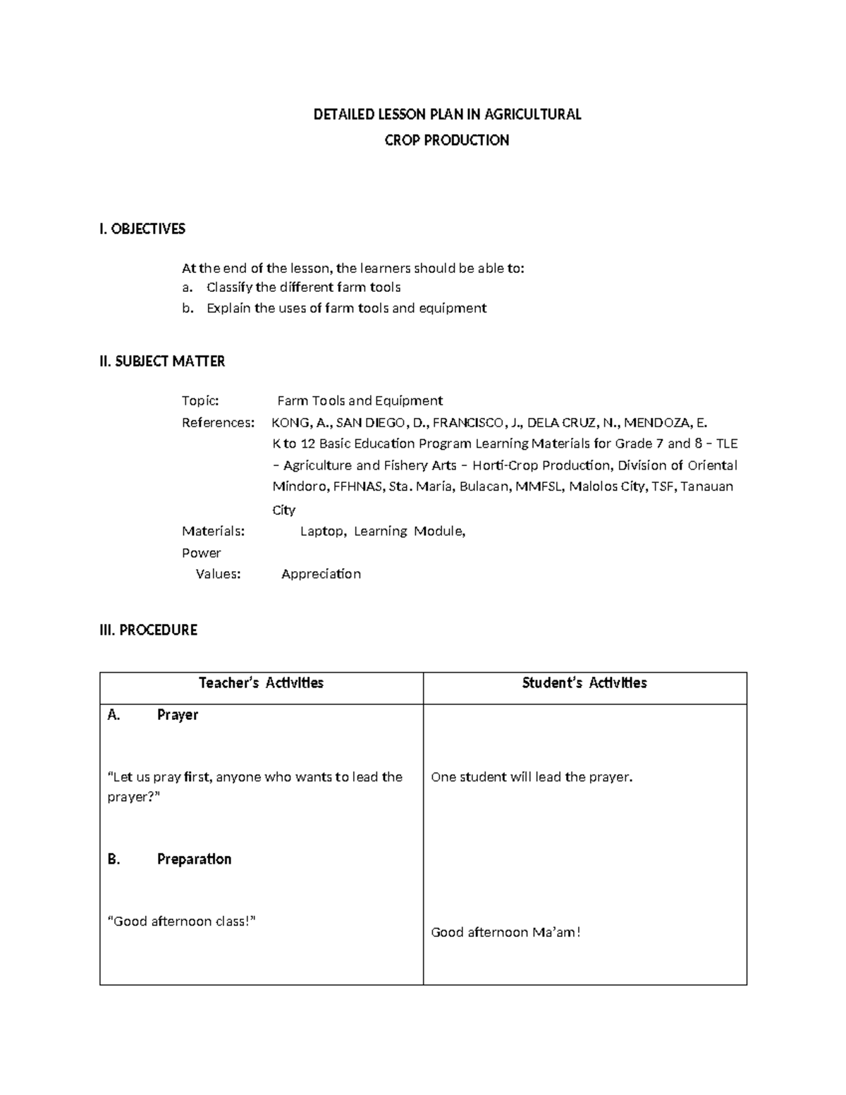 Lesson Plan: Farm Tools and Equipment in Agricultural Crop Production ...