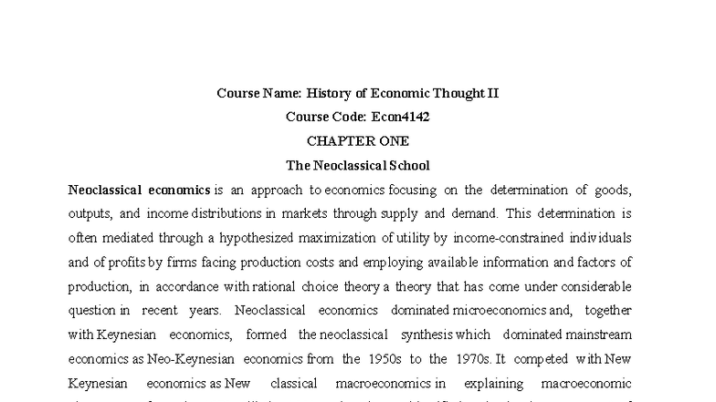 Econ4142: Chapter 1 - The Neoclassical School of Economic Thought - Studocu