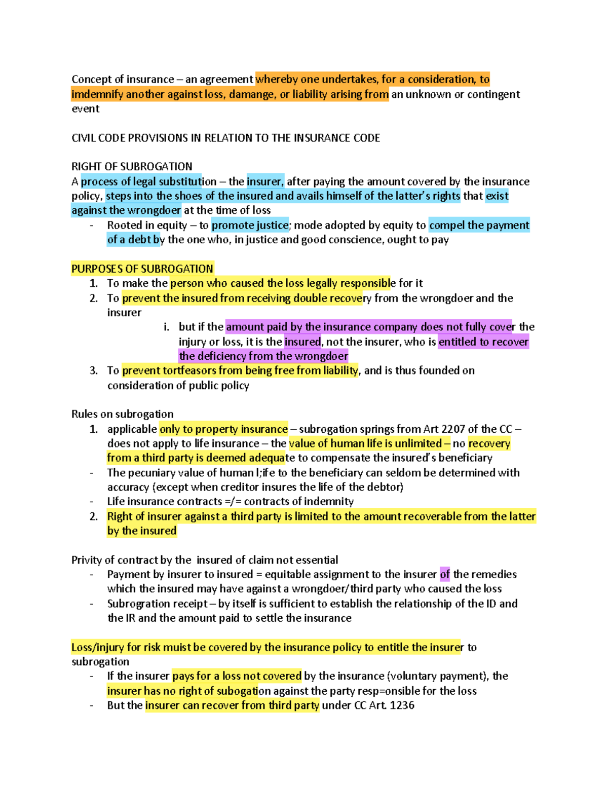 Insurance Notes 1: Understanding Subrogation and Civil Code Provisions ...