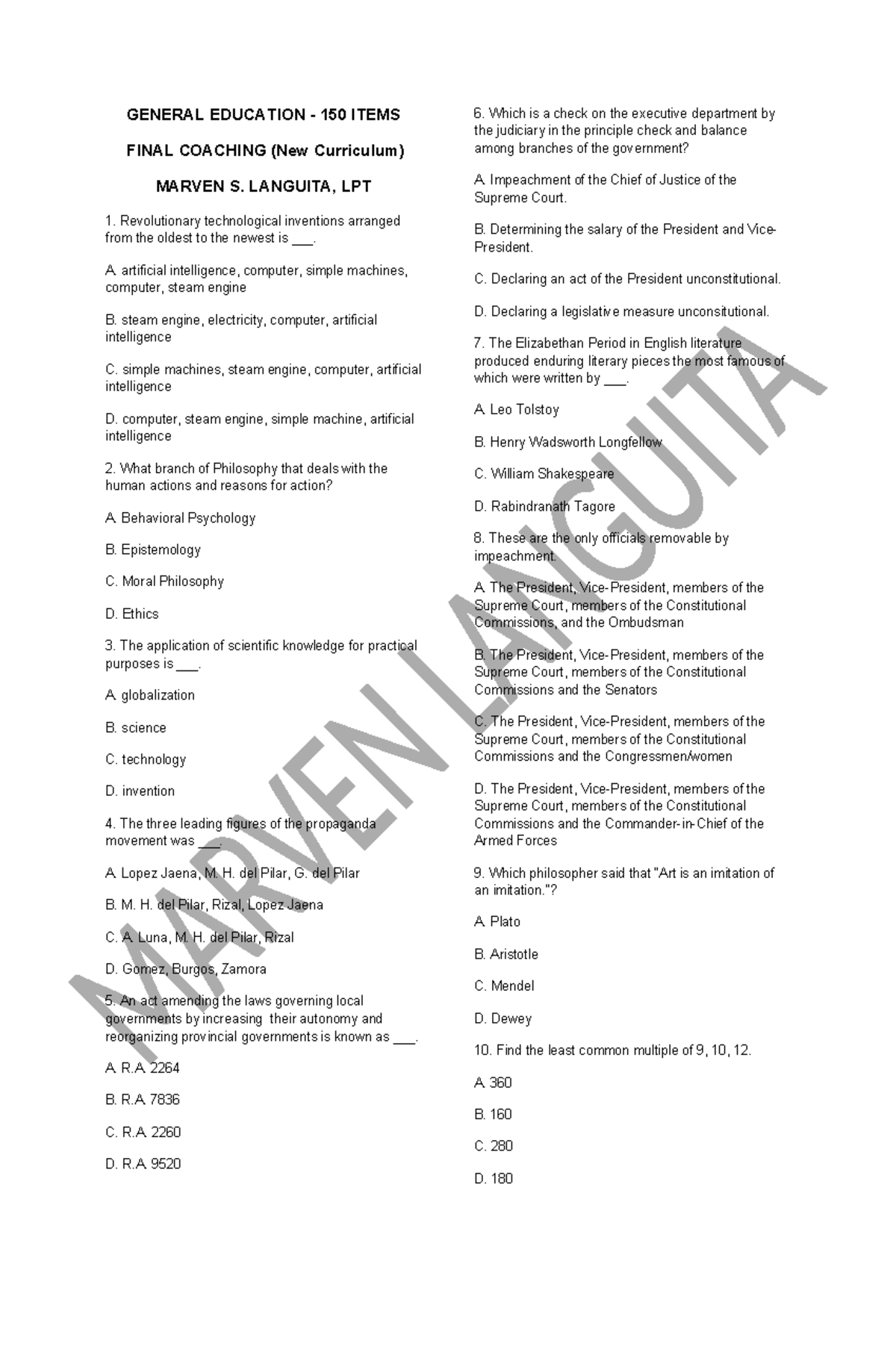 GEN-ED-2023FC: Final Exam Review with 150 Questions and Answers - Studocu