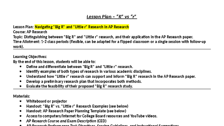 AP Research Lesson Plan: Distinguishing Between R and r Research - Studocu
