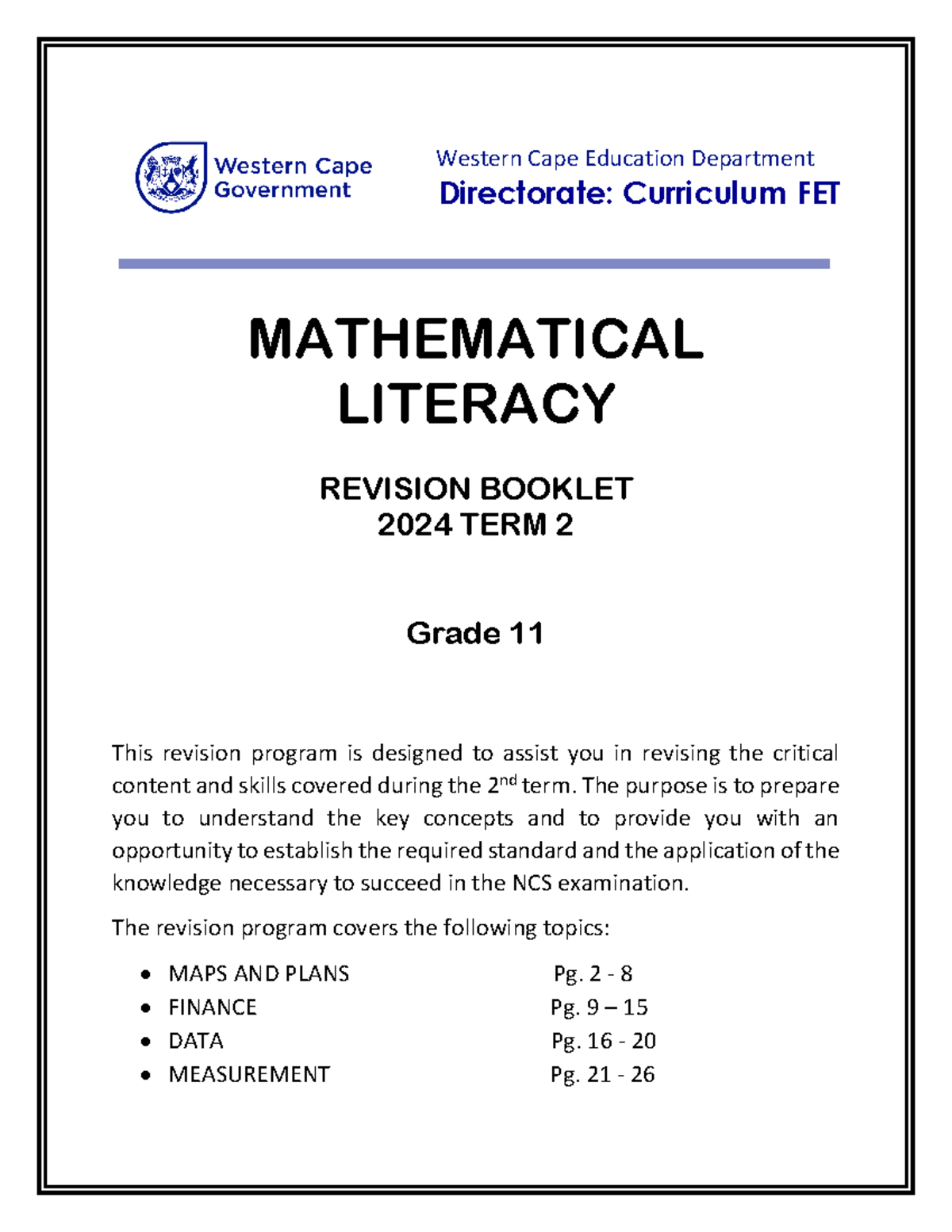 Mathematical Literacy Grade 11 Term 2 Revision Guide for 2024 - Studocu