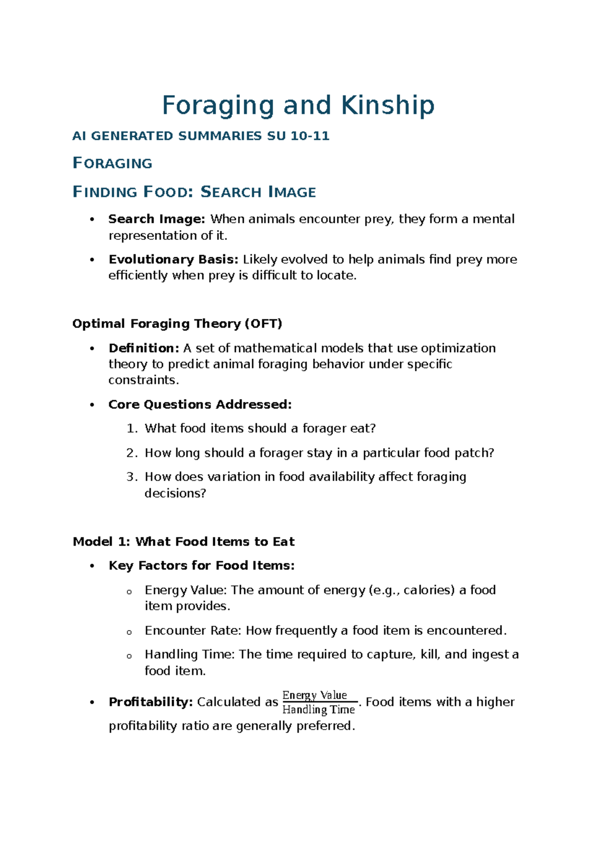 Foraging and Kinship: Insights from Optimal Foraging Theory and ...