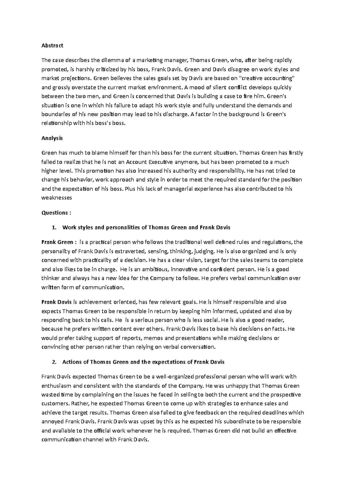 Thomas Green Case Study: Analyzing Managerial Conflicts and ...