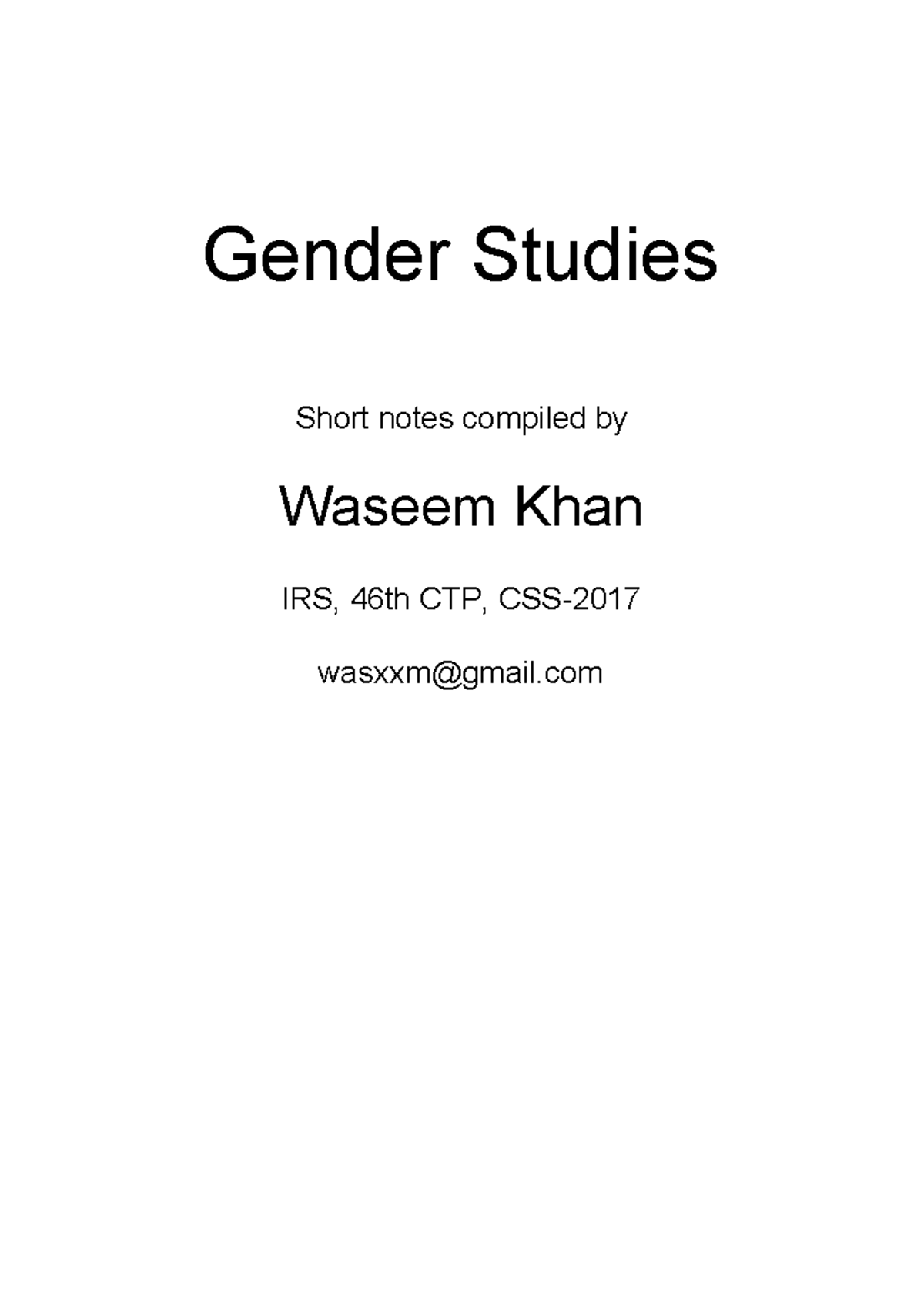 Gender Studies Notes (IRS 46th CTP, CSS) by Waseem Khan - Studocu