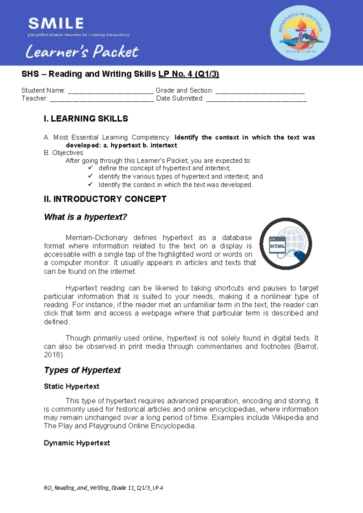 Smile Reading and Writing Q1 LP4: Understanding Hypertext and Intertext ...