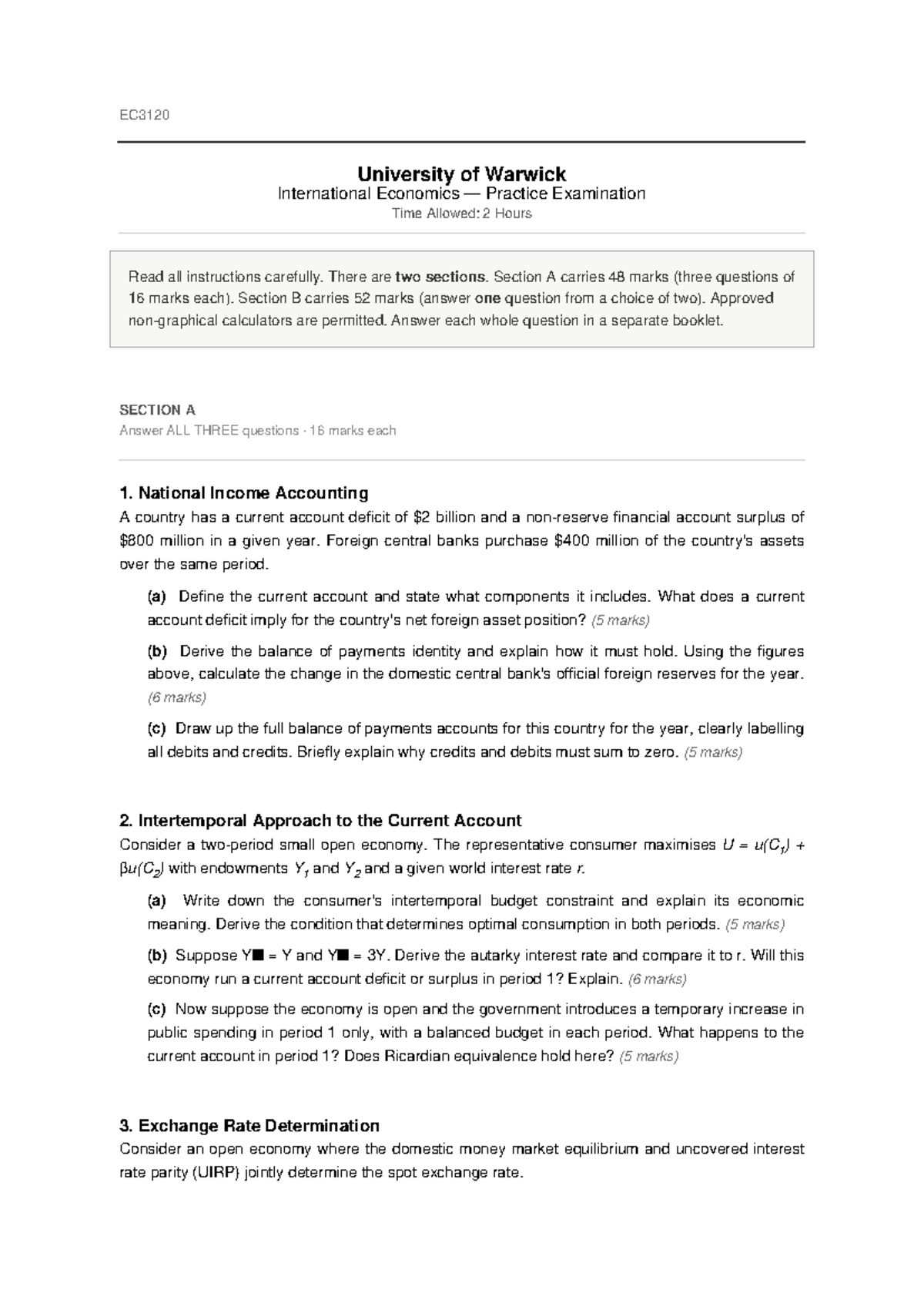 EC3120 International Economics Practice Exam Sample Paper - Studocu