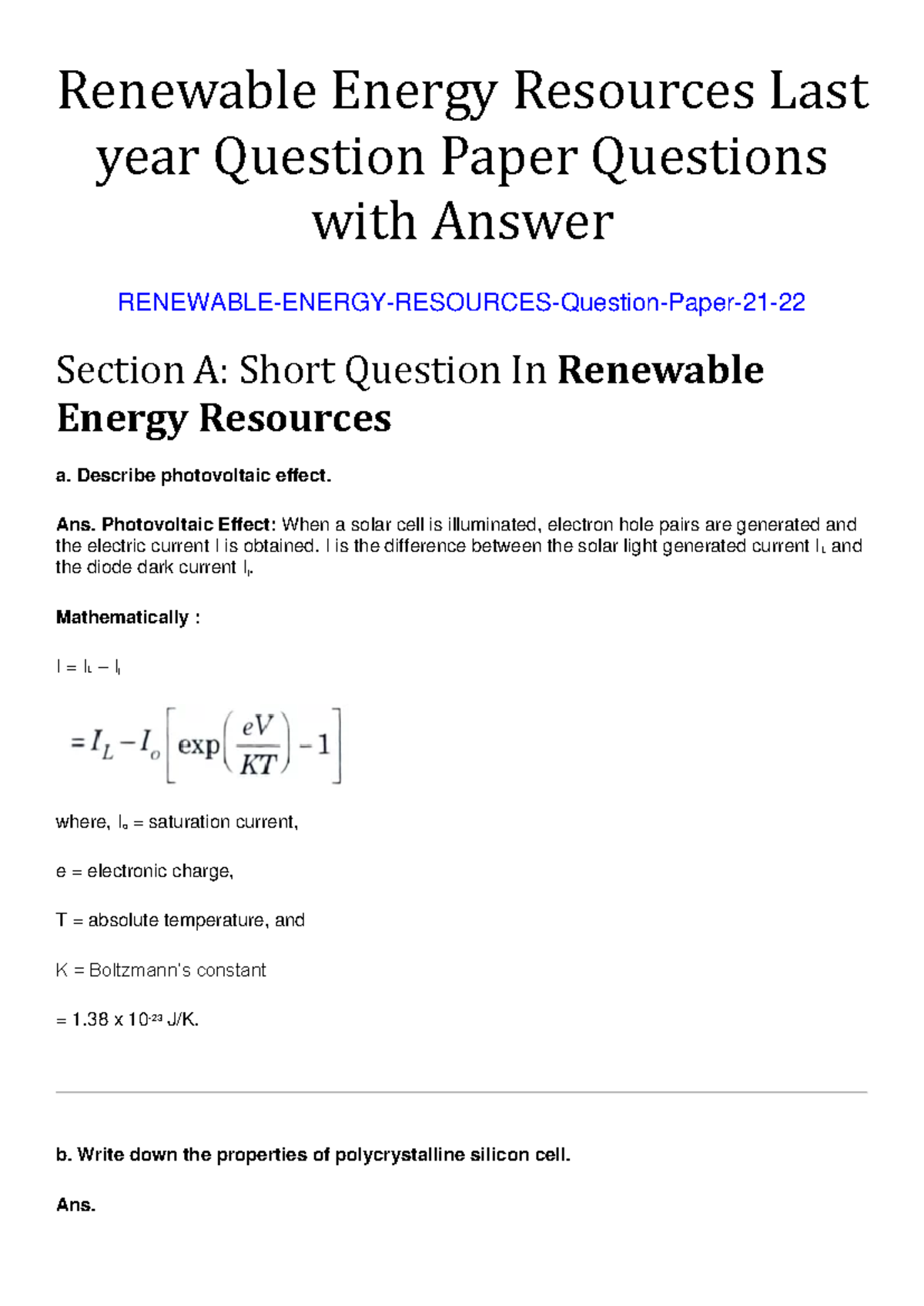 Renewable Energy Resources Last year Question Paper Questions with ...