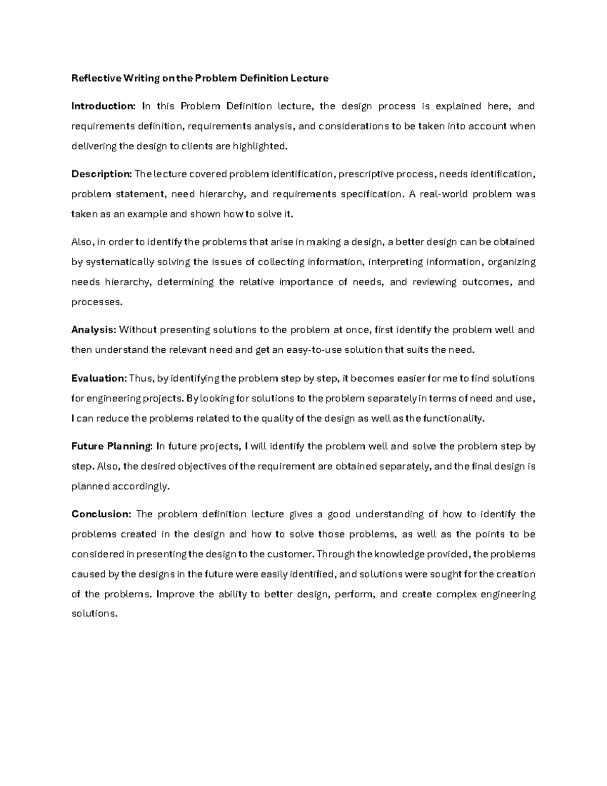 Reflective Writing Lect 03 - Reflective Writing on the Problem ...