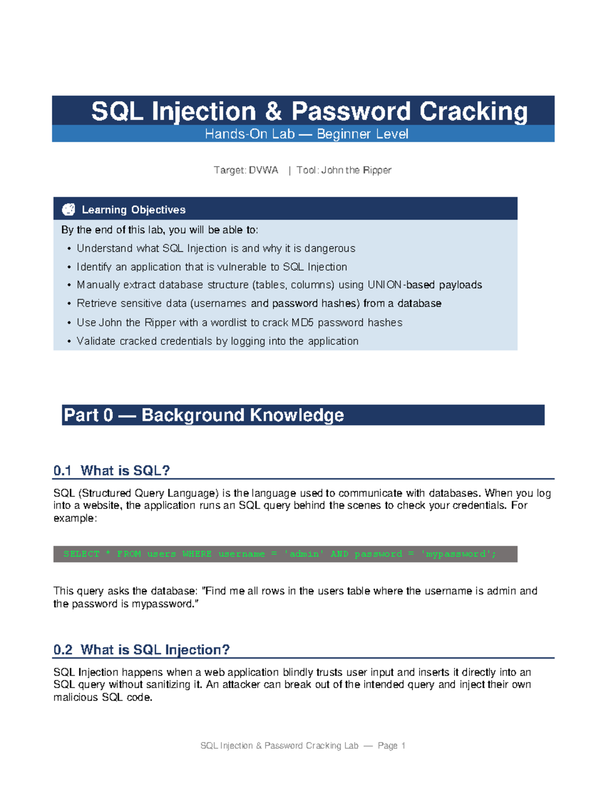 SQL Injection Password Cracking Lab (06032026) - Beginner Guide - Studocu