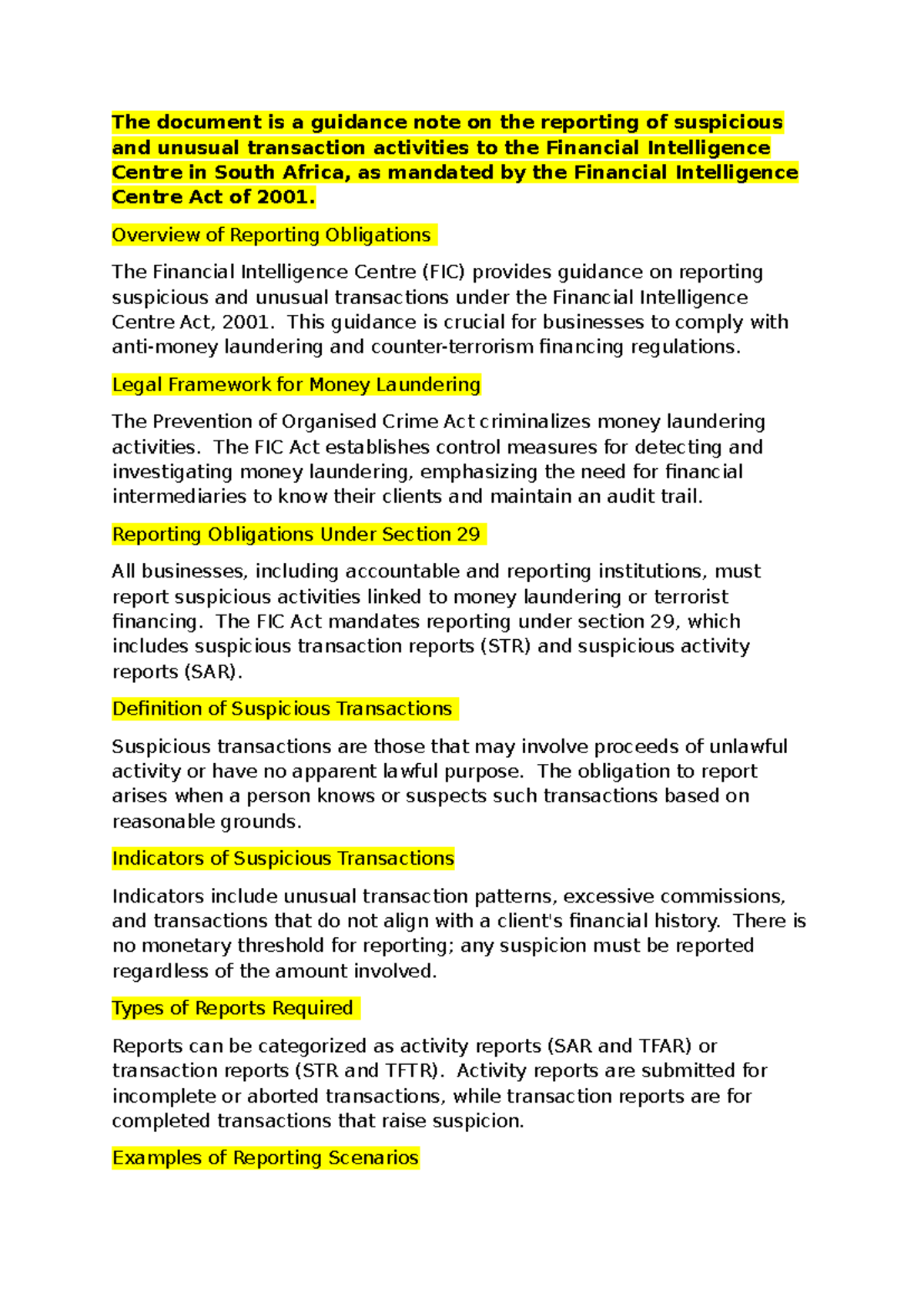 FICA Reporting Obligations: Guidance on Suspicious Transactions - Studocu