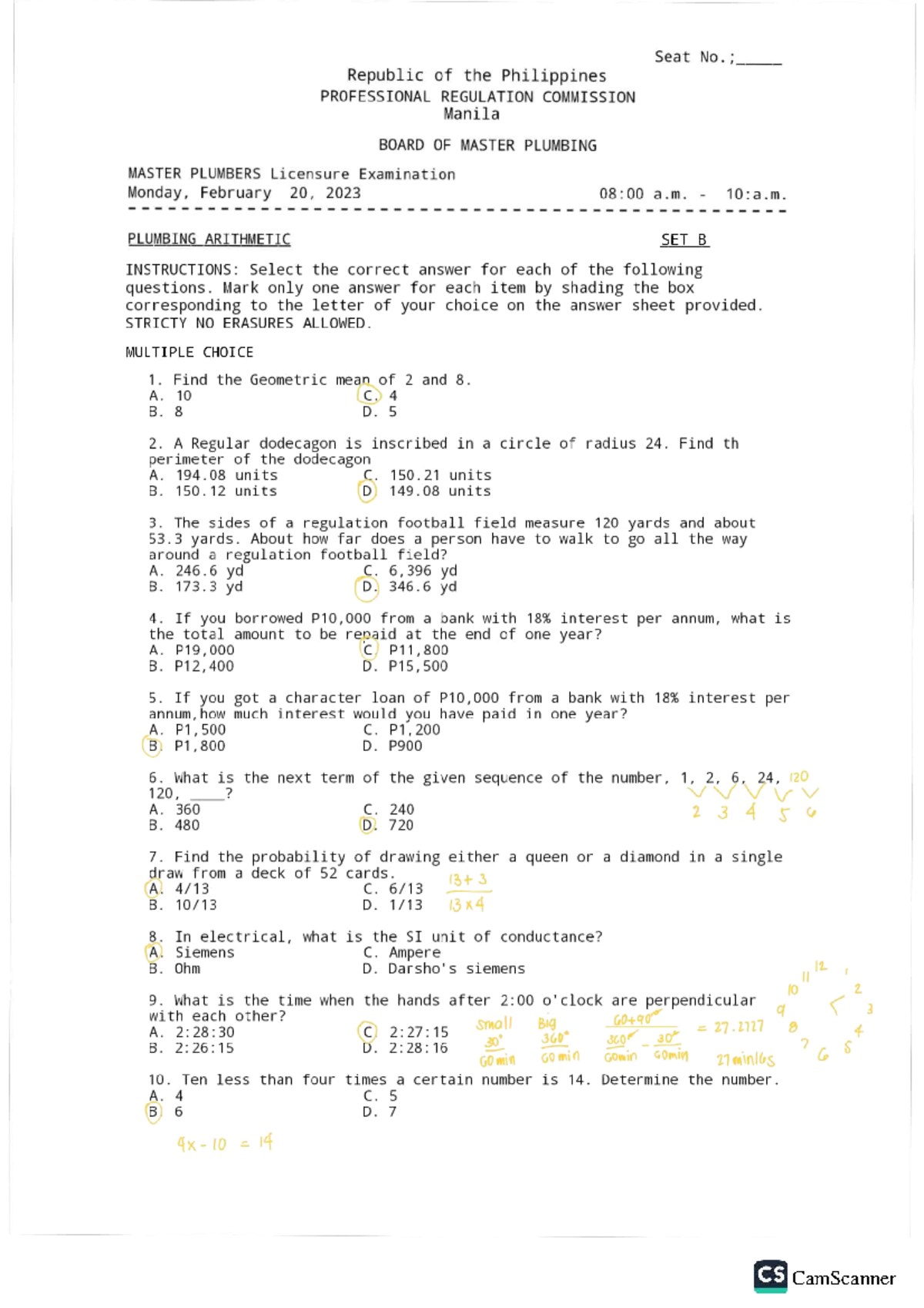 CS MASTER PLUMBERS Licensure Exam: Plumbing Arithmetic Set B - Studocu