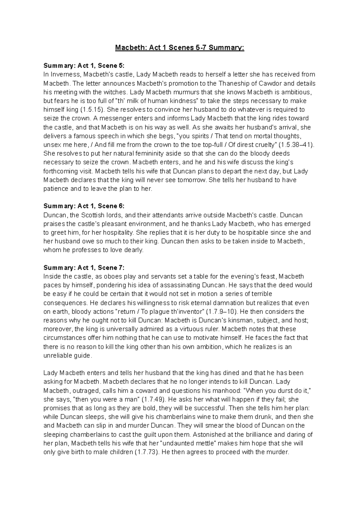 Macbeth Act 1 Scenes 5-7 Summary and Analysis - Studocu