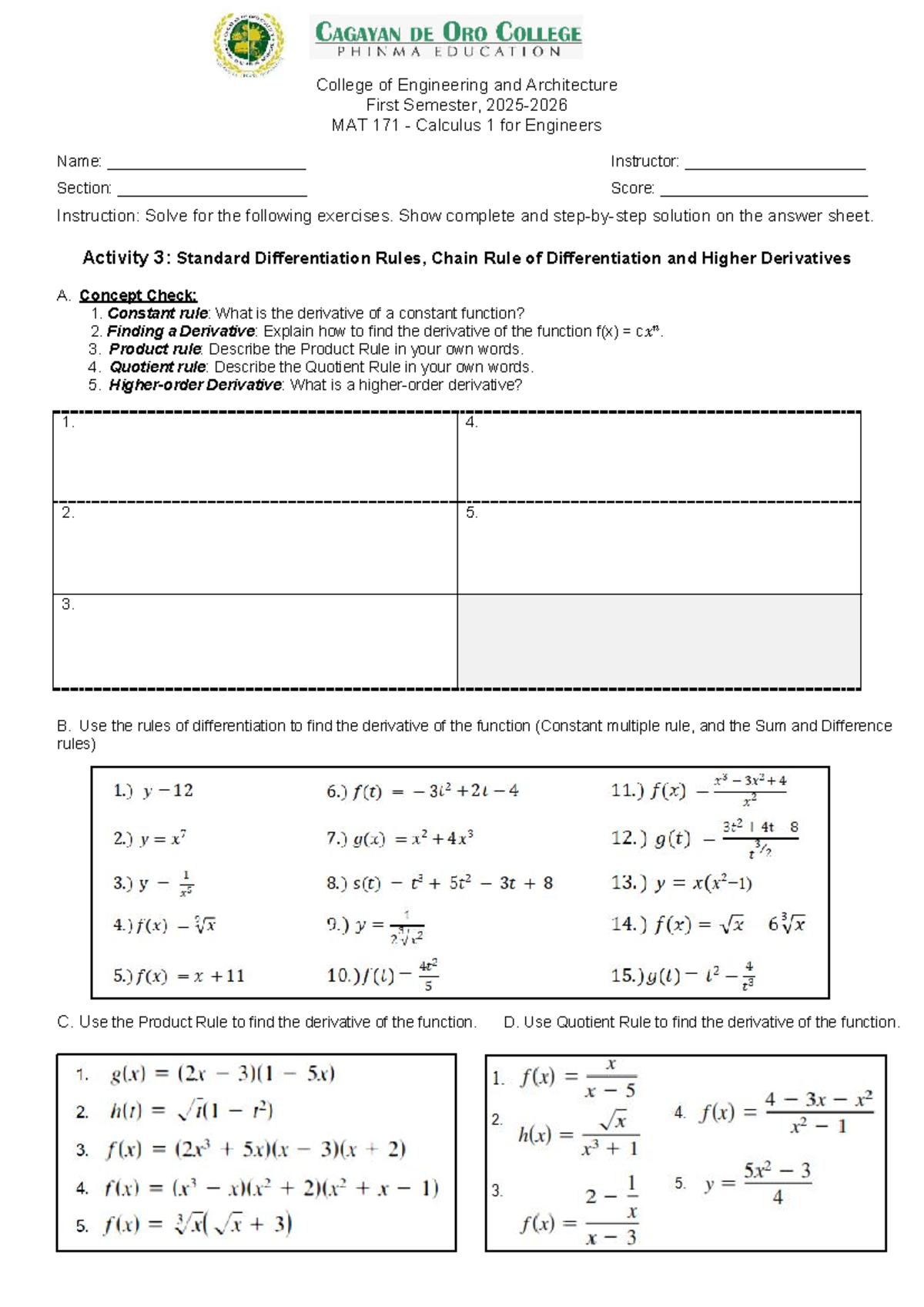 MAT 171 Weekly Activity 3: Differentiation Rules and Derivatives - Studocu