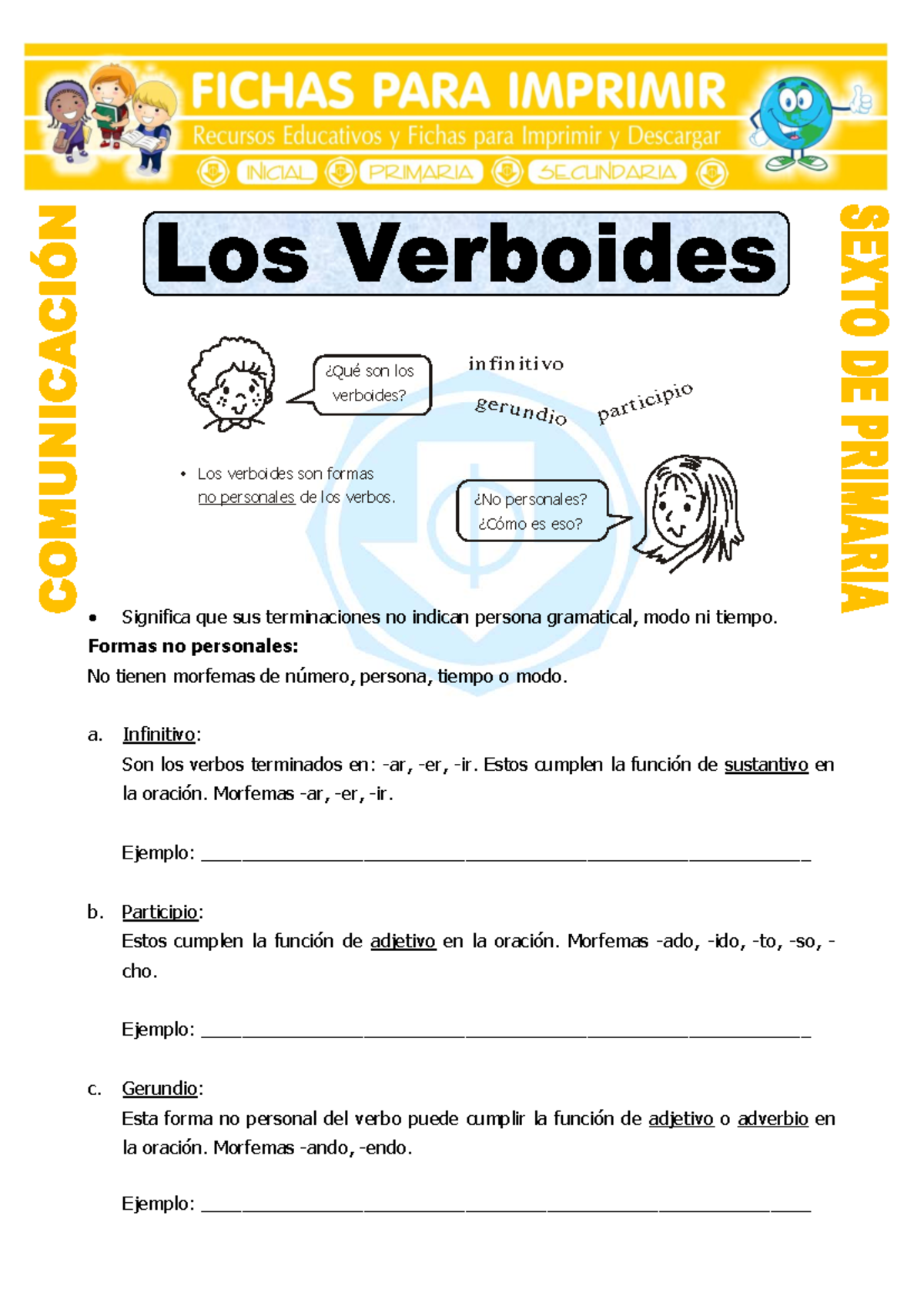 Ficha de Verboides: Infinitivo, Gerundio y Participio - Sexto de ...