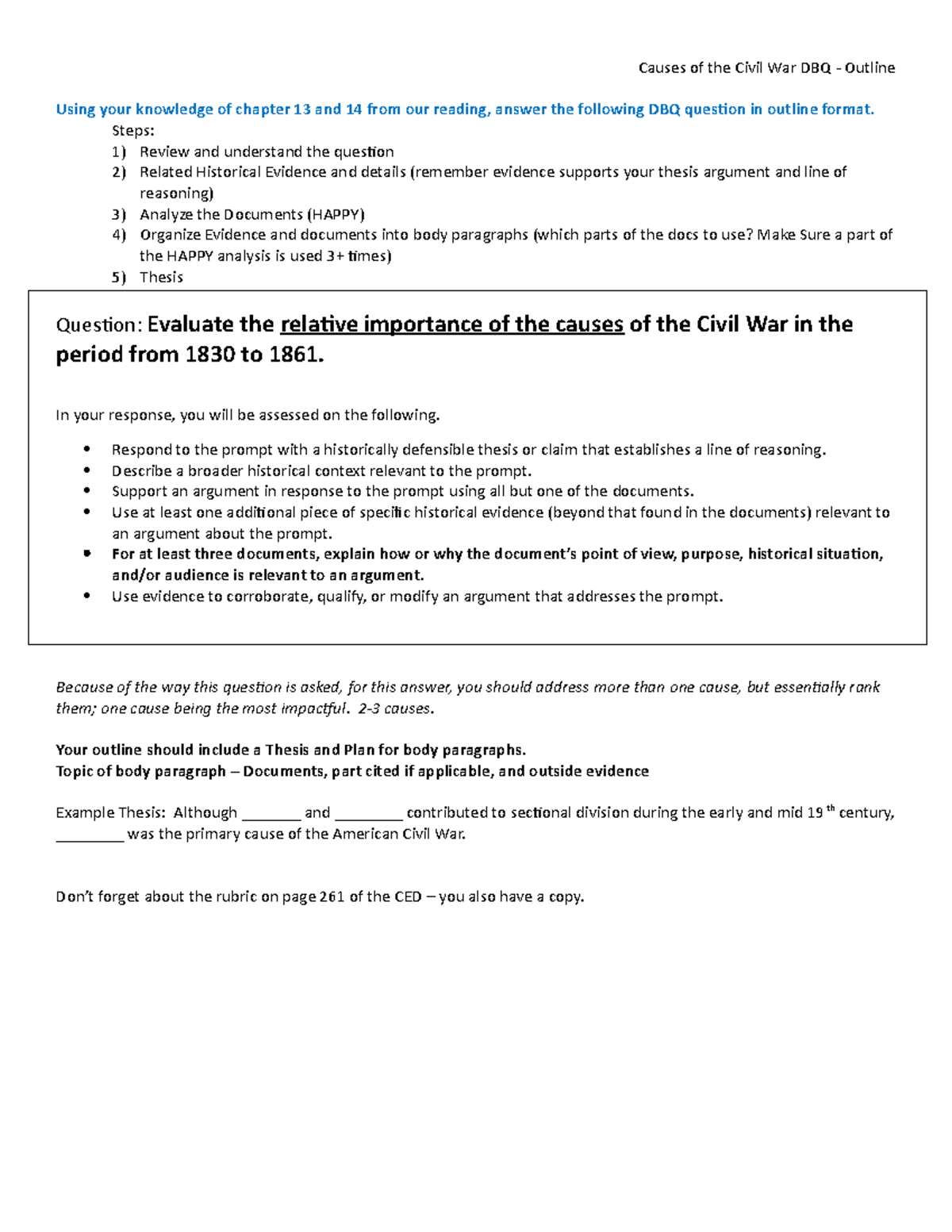 Unit 5 DBQ Plan: Civil War Causes Outline (1830-1861) - Studocu