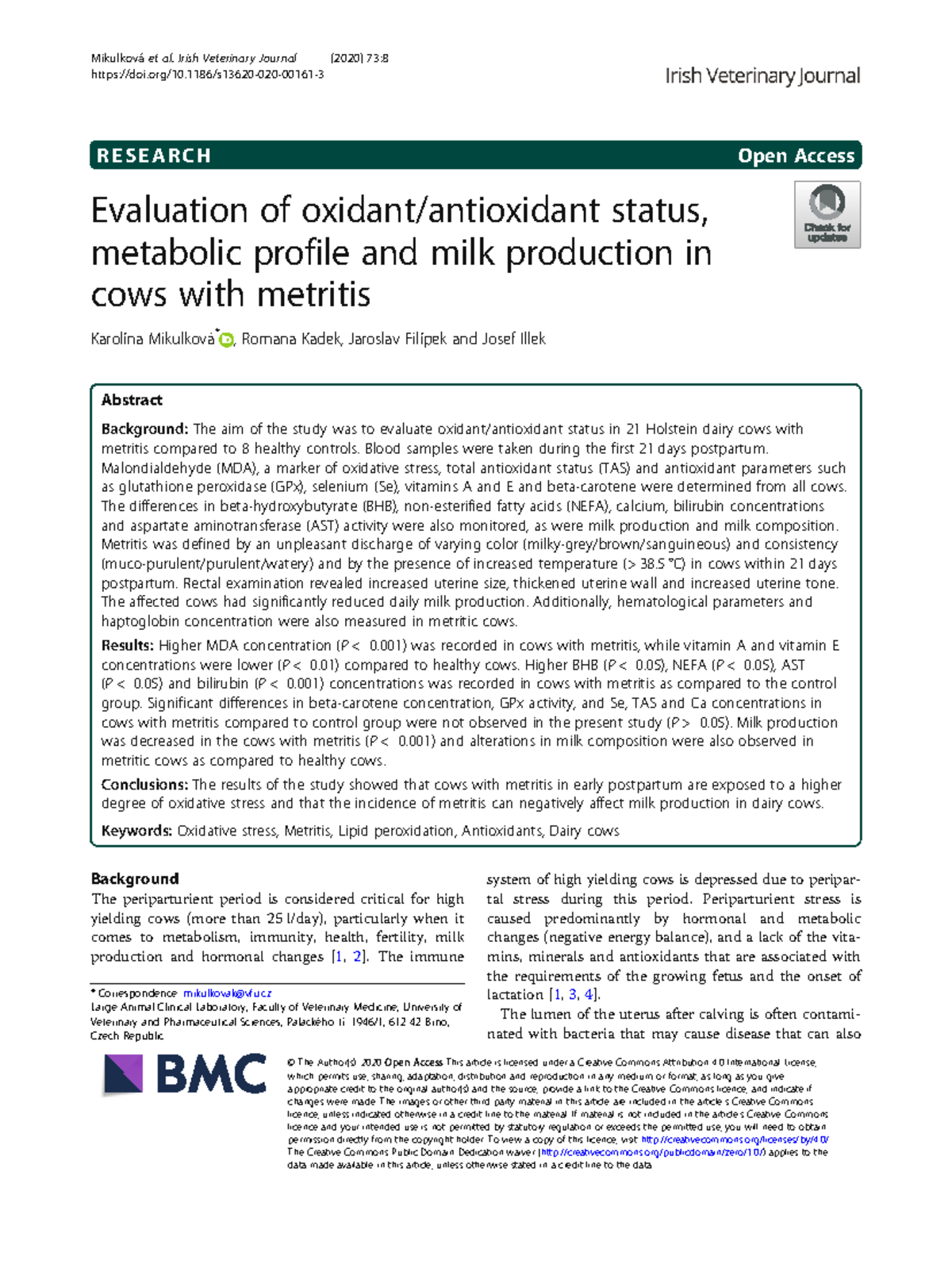 S13620-020-00161-3: Evaluation of Metritis Impact on Dairy Cows' Health ...