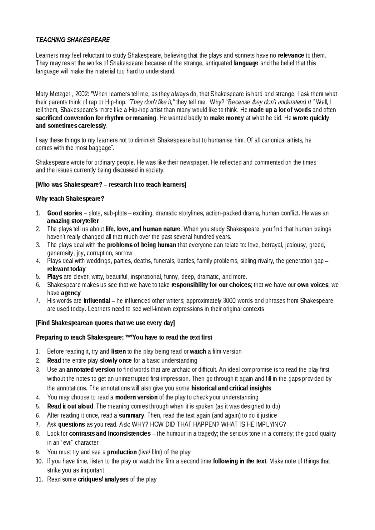 Shakespeare Lecture Notes: Engaging Learners with the Bard - Studocu