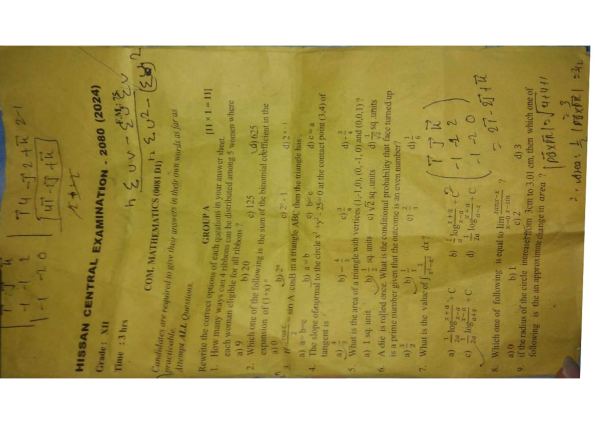 Final Exam: TT u I T4 12th Grade Mathematics (0081 D1) - Hissan 2080 ...