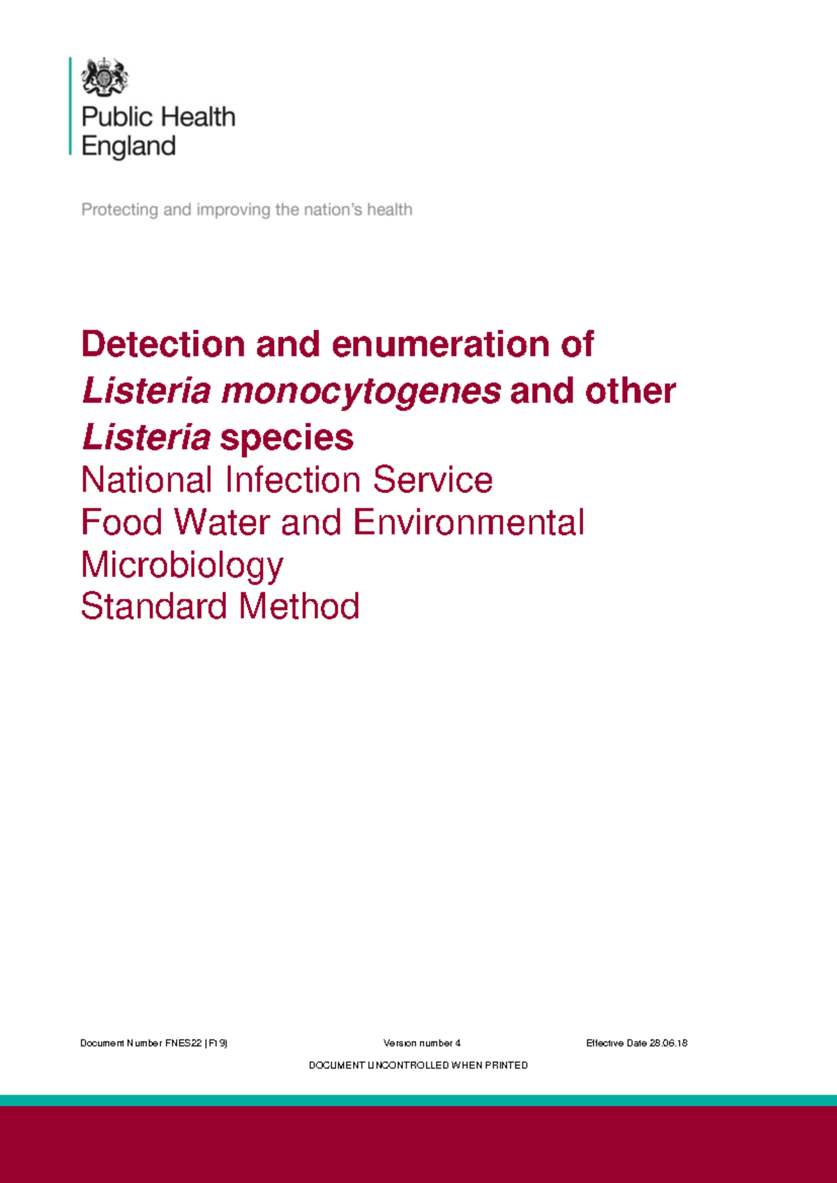 Standard Method FNES22 (F19) for Detection of Listeria Species - Studocu