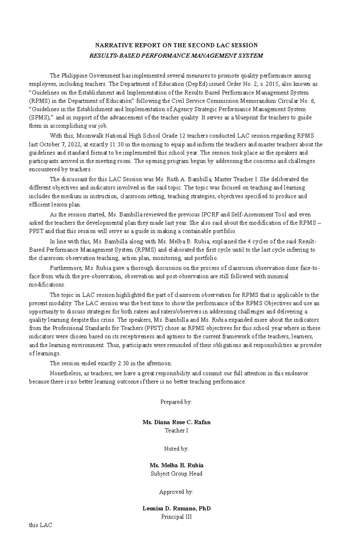 LAC Session Narrative on RPMS Implementation - October 2022 - Studocu