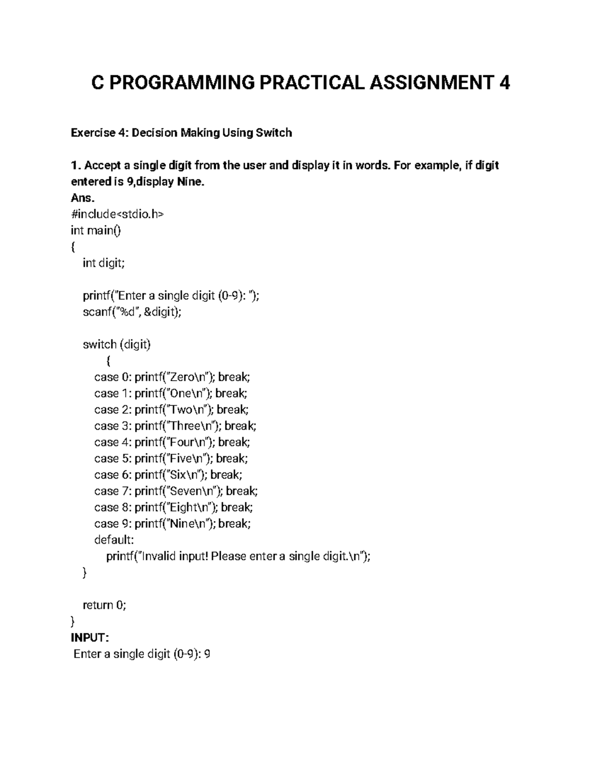 C Programming Assignment 4: Decision Making with Switch - Studocu