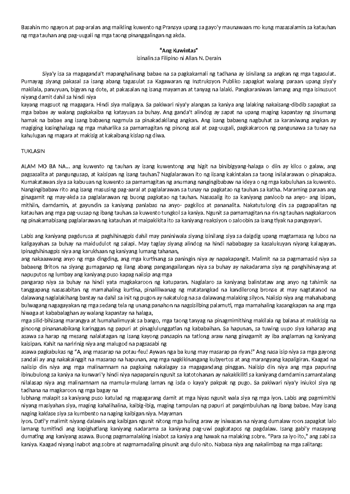 Ang Kwintas: Isang Pagsusuri sa Tauhan at Tema (Filipino 10) - Studocu
