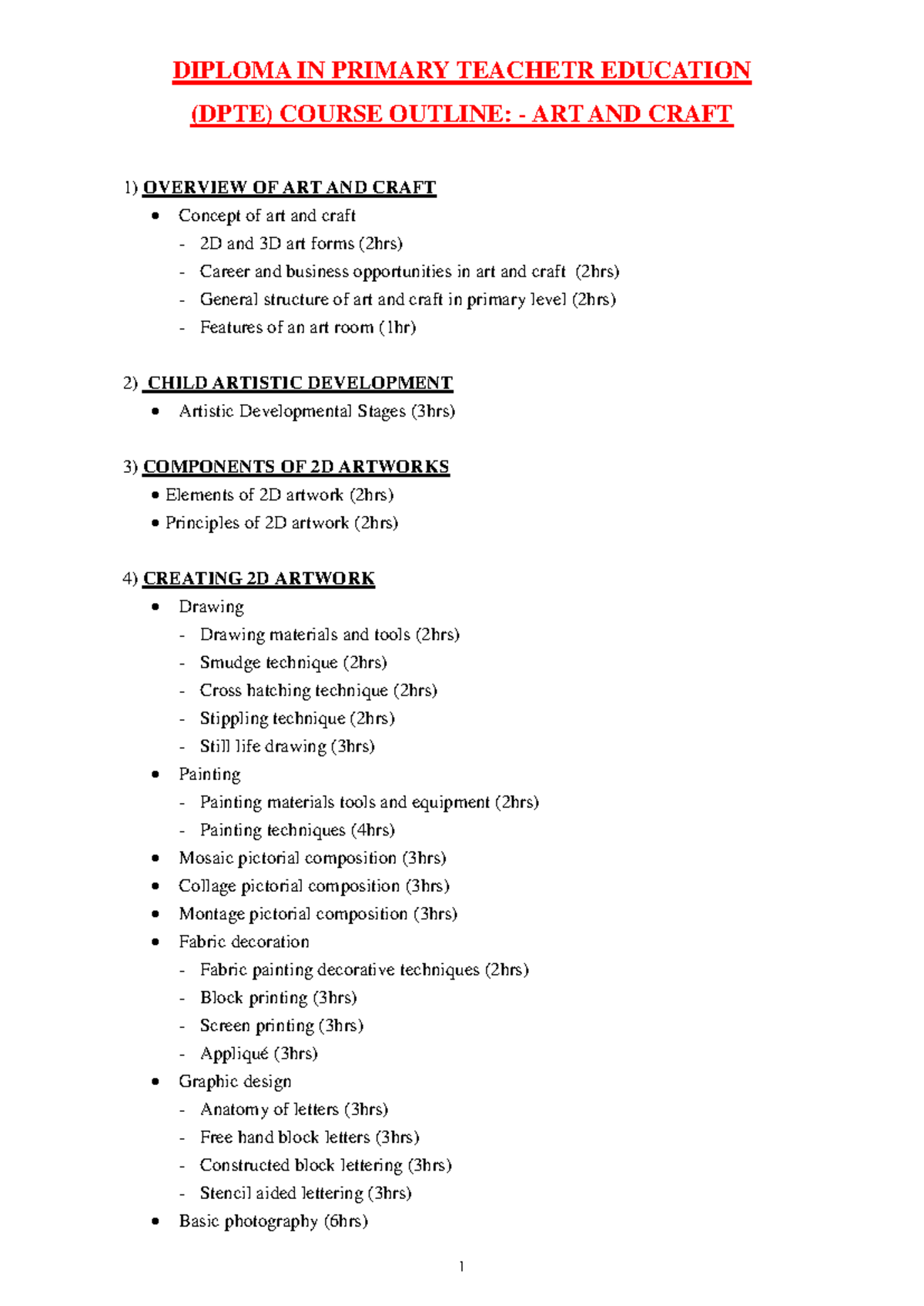 DPTE Course Outline: Art and Craft Curriculum Overview and Techniques ...