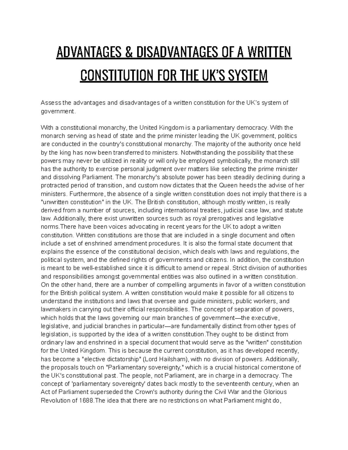Advantages & Disadvantages of a Written Constitution for the UK System ...