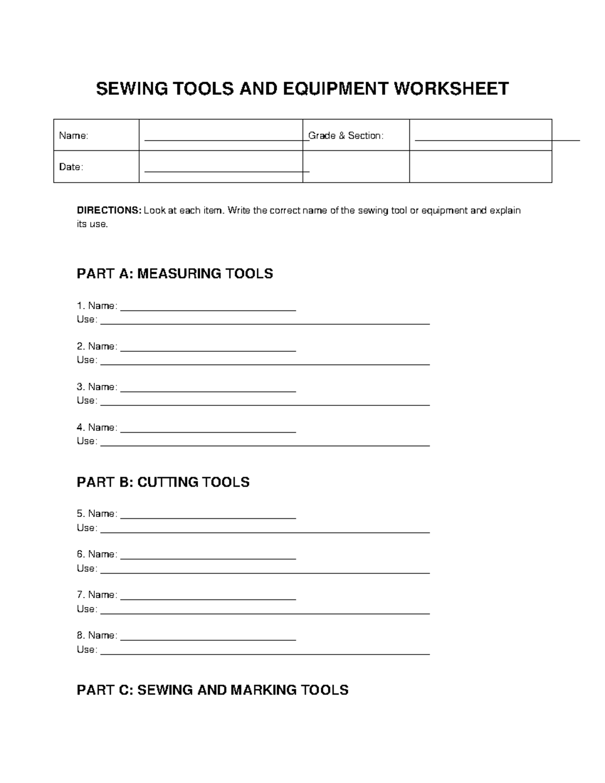 Sewing Tools & Equipment Worksheet Activity - Studocu