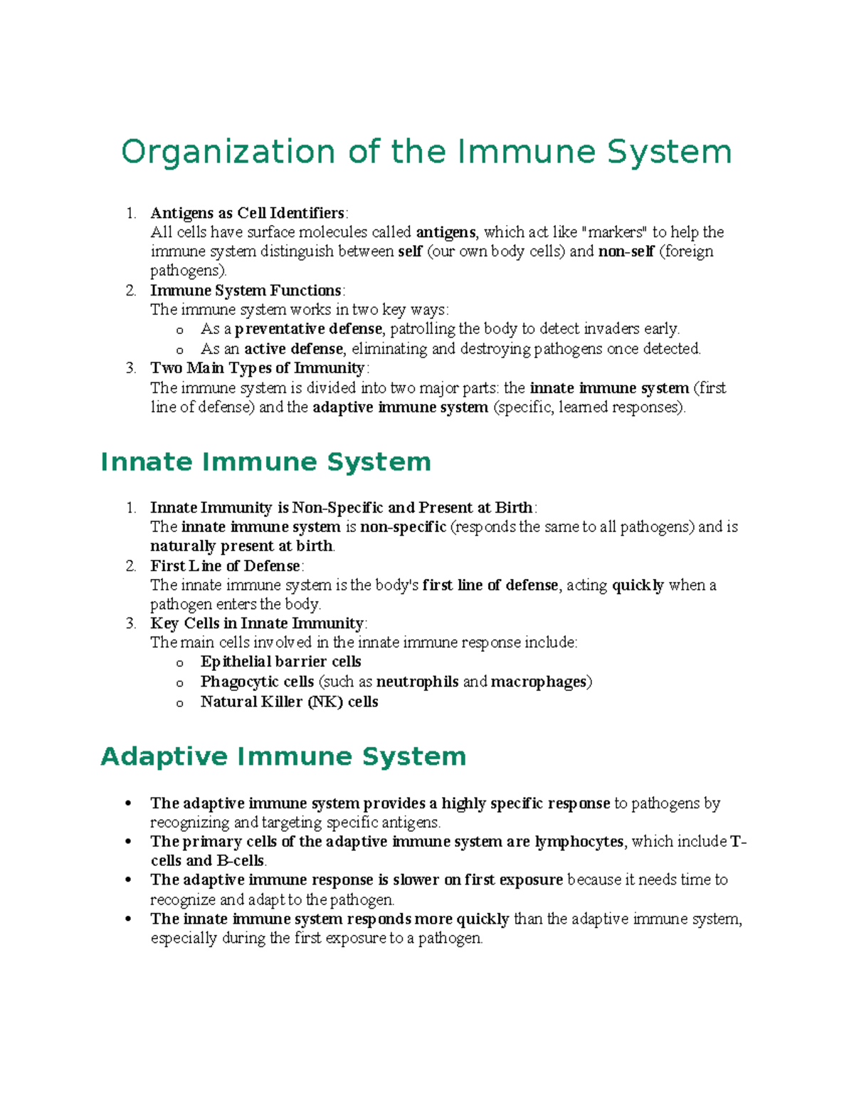 Immune System Overview - Class Notes (BIO 101) - Studocu