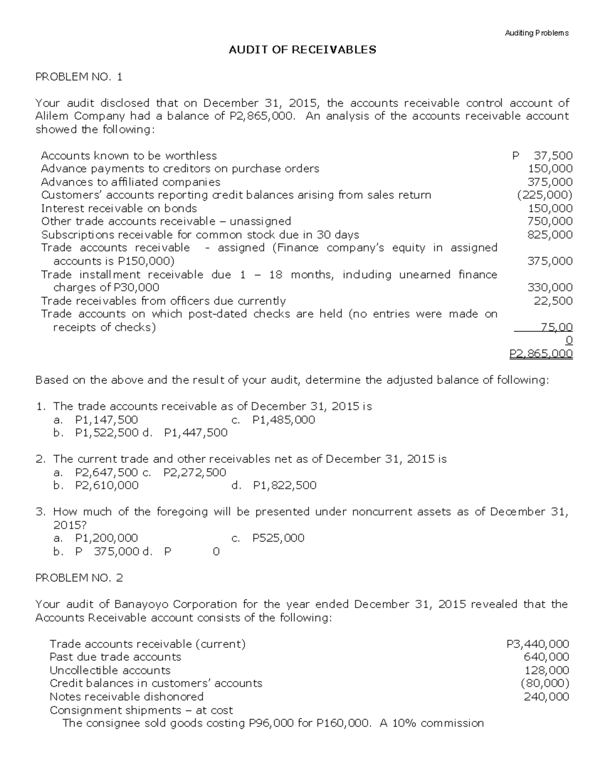 Audit of Receivables Analysis and Adjustments (Course Code: ACC 301 ...