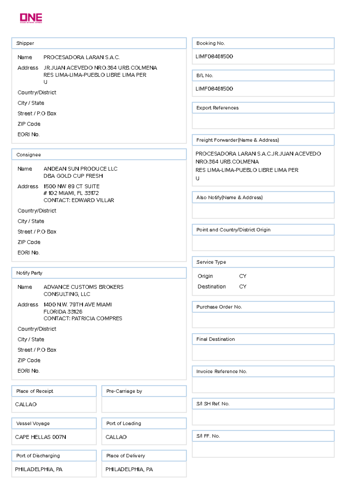 Shipping Document: Matriz LIMF08461500 for PROCESADORA LARAN S.A.C ...