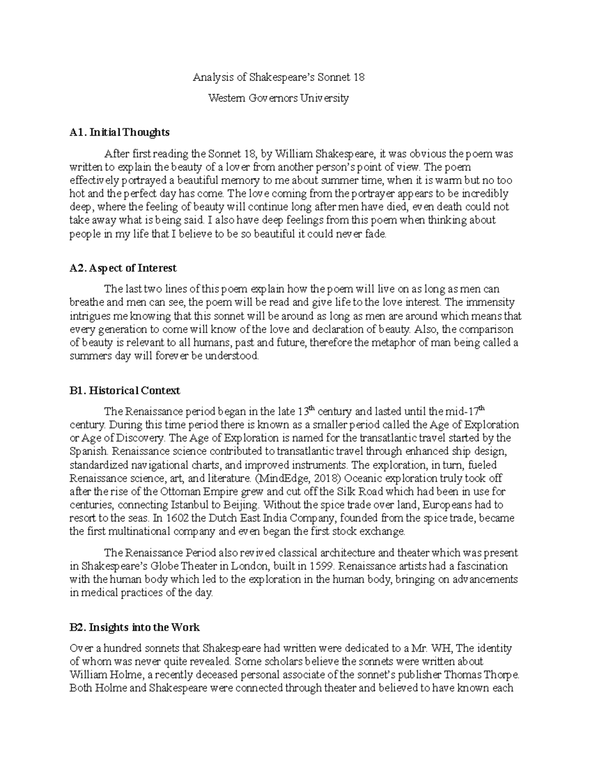 C100 Humanities Task 1 - Analysis of Shakespeare’s Sonnet 18 Western ...