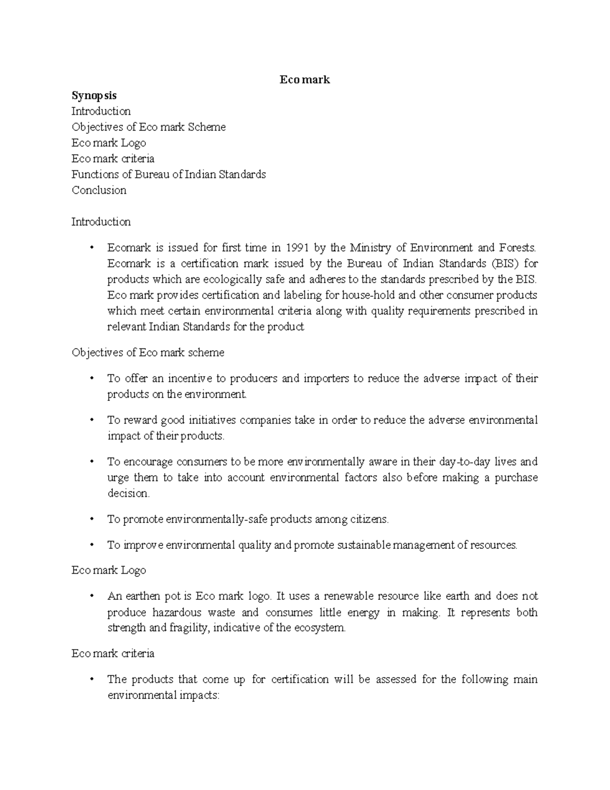 Eco mark and its importance - Eco mark Synopsis Introduction Objectives ...