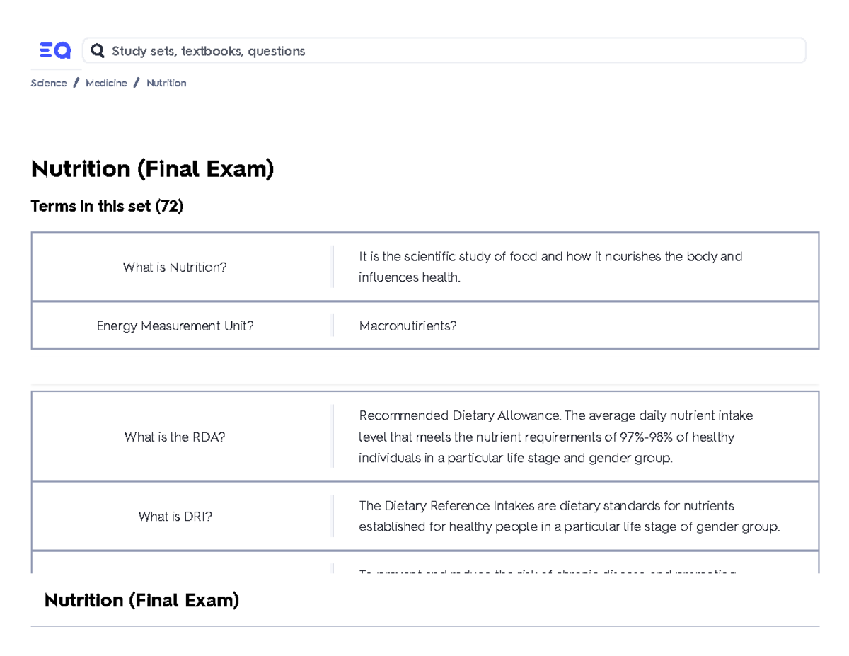 Nutrition (Final Exam) Study Flashcards - Key Concepts & Terms - Studocu