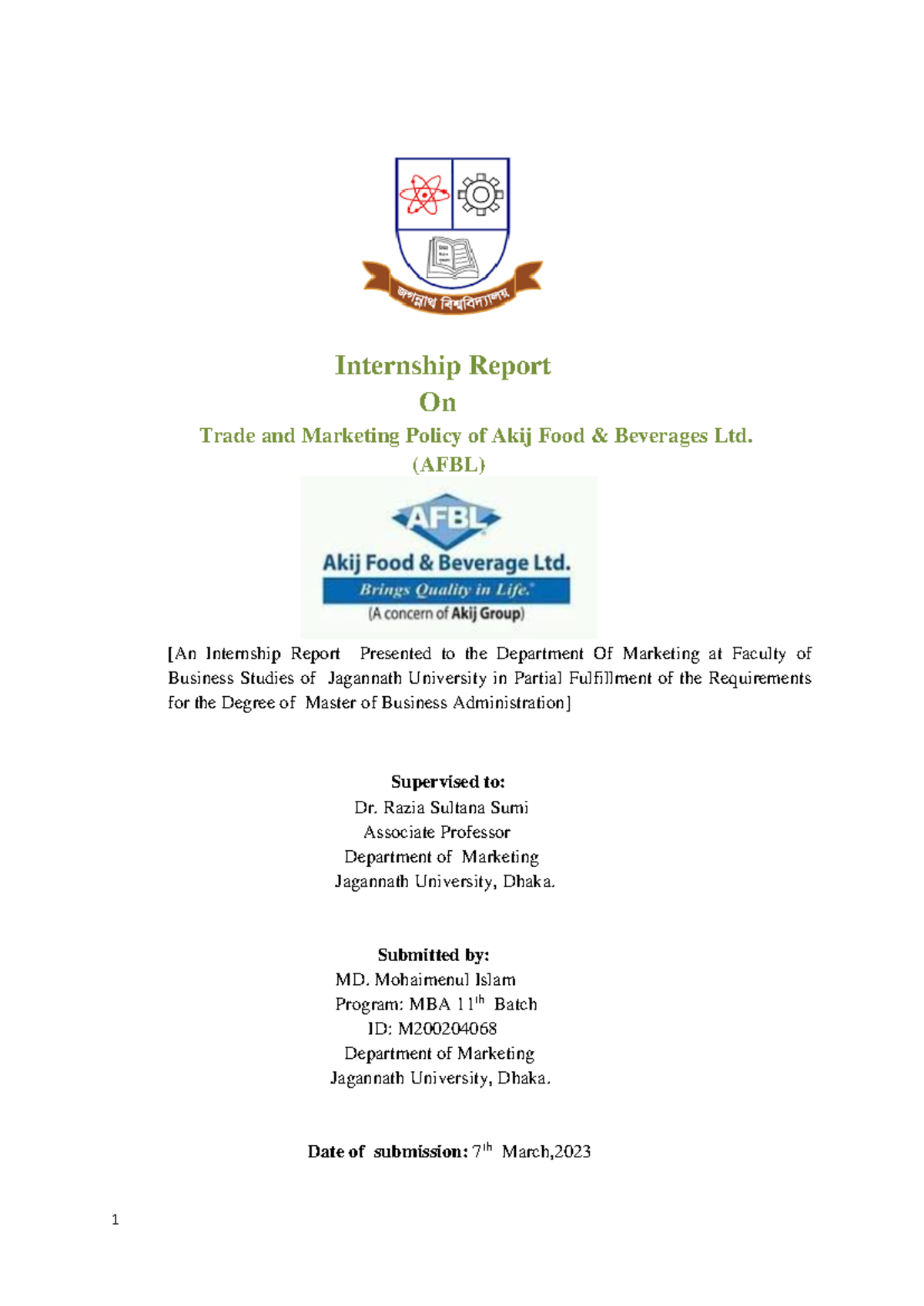 MBA Internship Report: Trade & Marketing Policy of Akij Food & Beverage ...