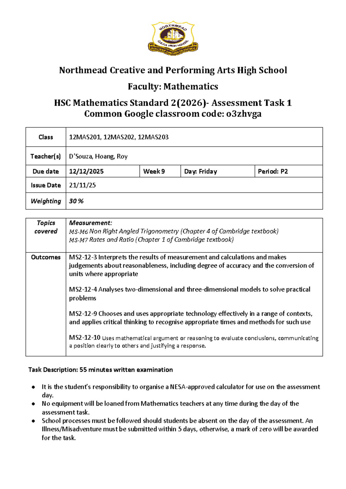 HSC Mathematics Standard 2 Assessment Task 1 - 2026 - Studocu