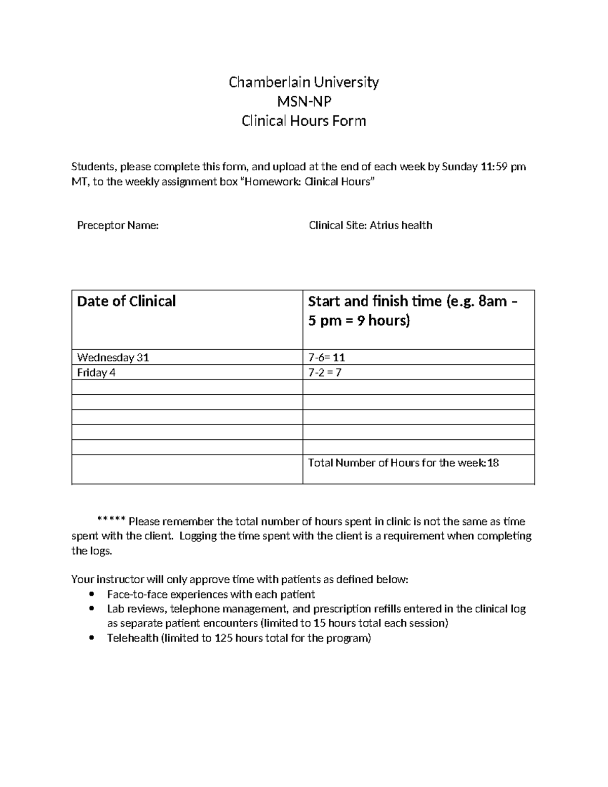 Chamberlain University Clinical Hours Form - Week 5 Submission - Studocu
