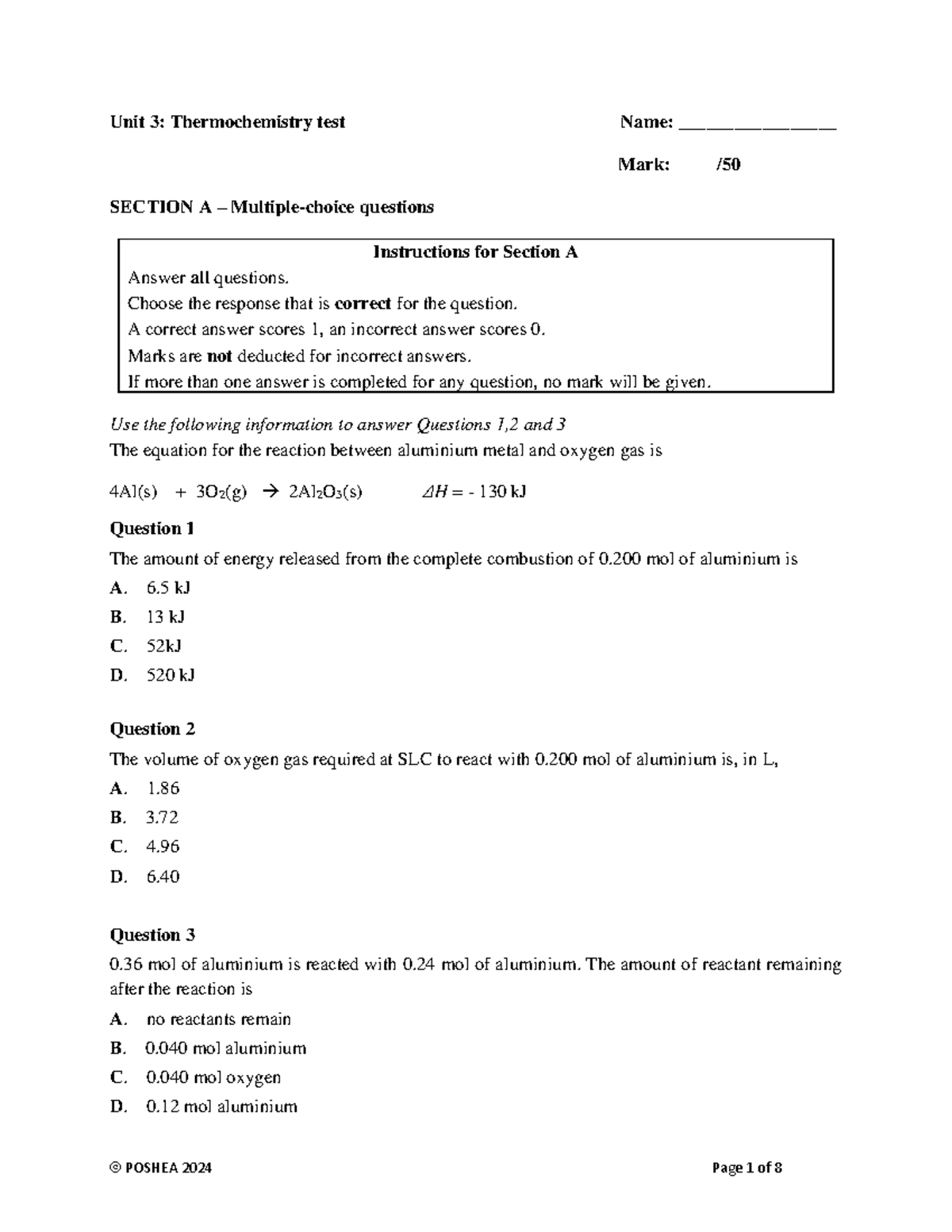 Thermochemistry Test (Unit 3): Multiple Choice & Short Answers - Studocu