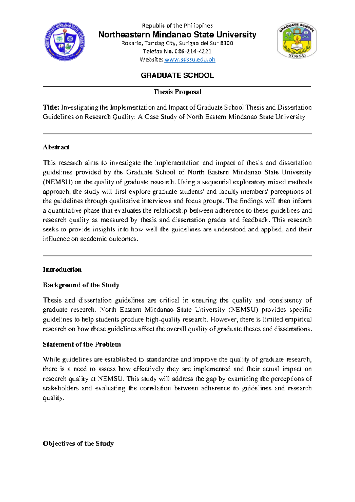 NEMSU GRADUATE SCHOOL Thesis Proposal: Impact of Guidelines on Research ...